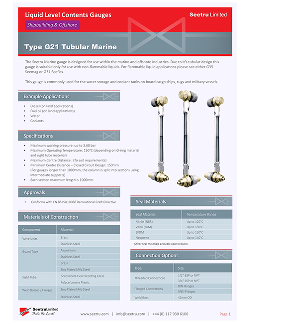 The G21 Tubular Marine Gauge - Seetru